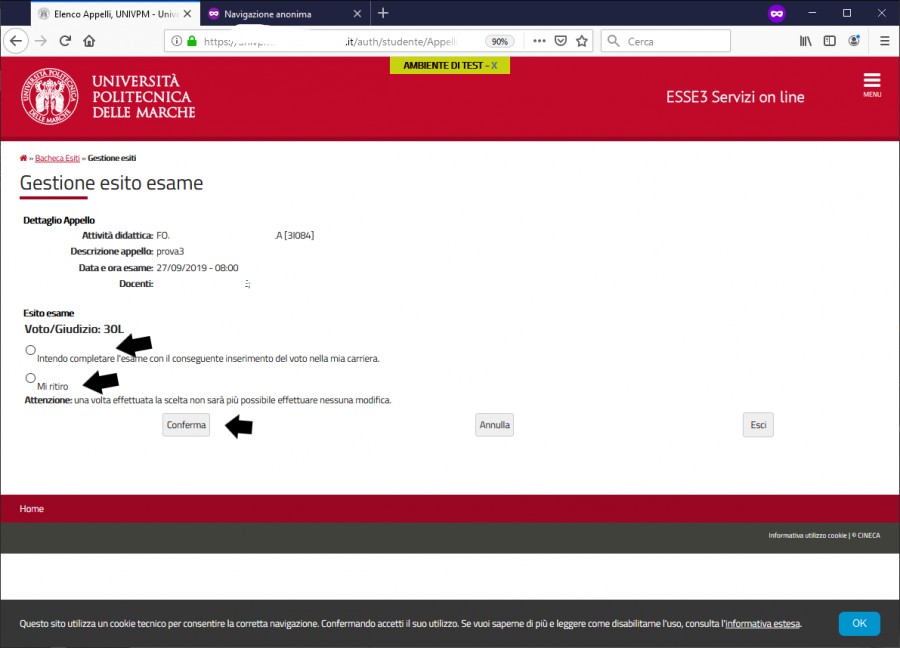 Accettazione/rifiuto esito d'esame per appelli con pubblicazione ...